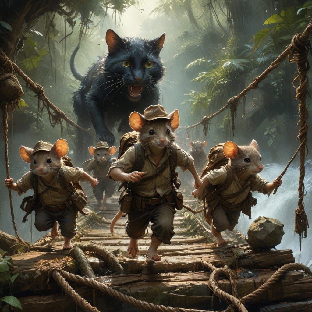 Jungle Adventure - Mice Adventurers Cross Jungle Rope Bridge...