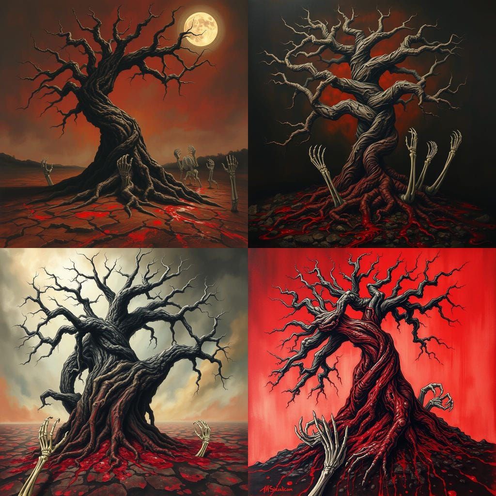 Dark Tree Rises from Bloody Ground in Macabre Art - AI Art