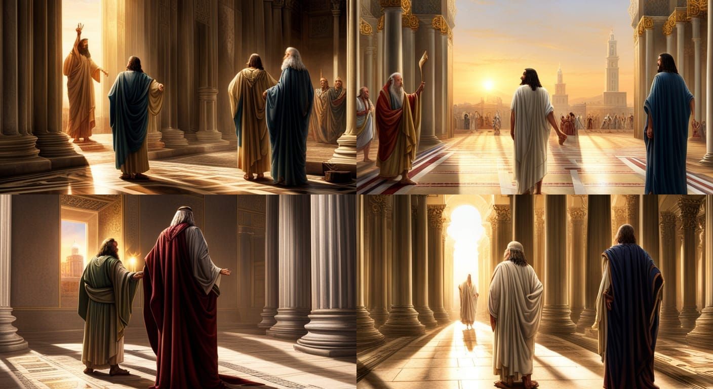 the prophet Isaiah standing with King Hezekiah in Solomon's Temple, a ...