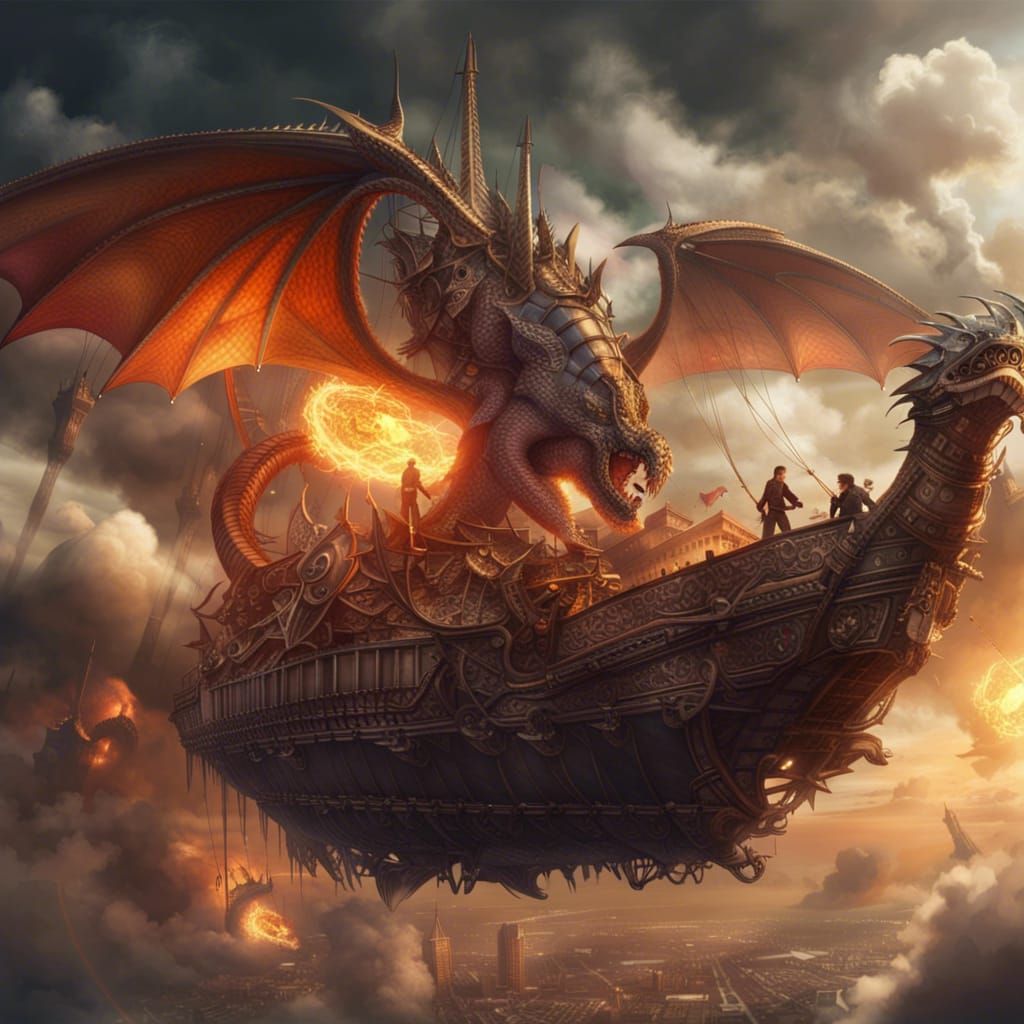 Fantasy heroes on an airship in the. Sky fighting a flying dragon that ...