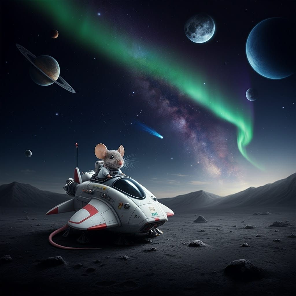 Hyper Realistic Chibi Mouse Explores Lunar Surface... - AI Art