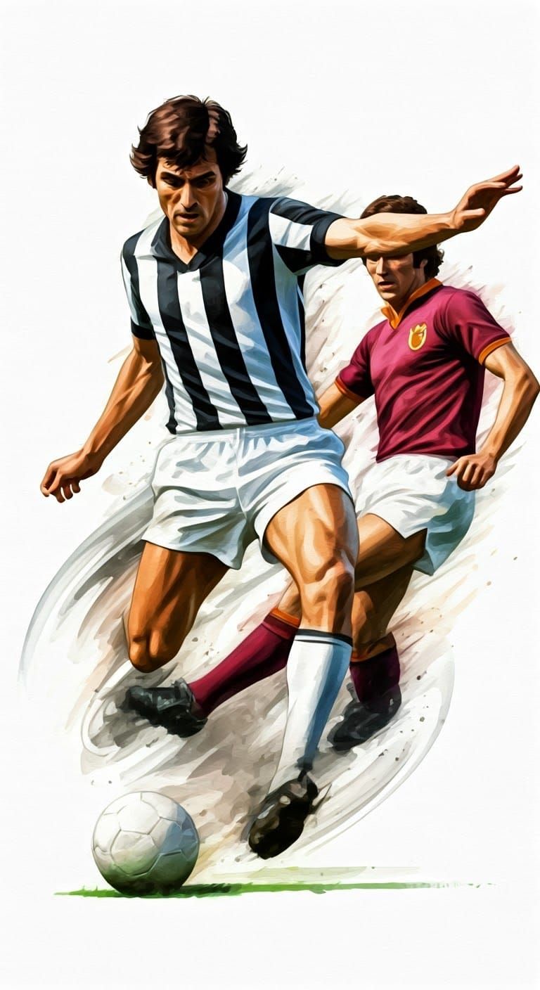 Turin Derby - Vintage Soccer Player in Action, Watercolor St...