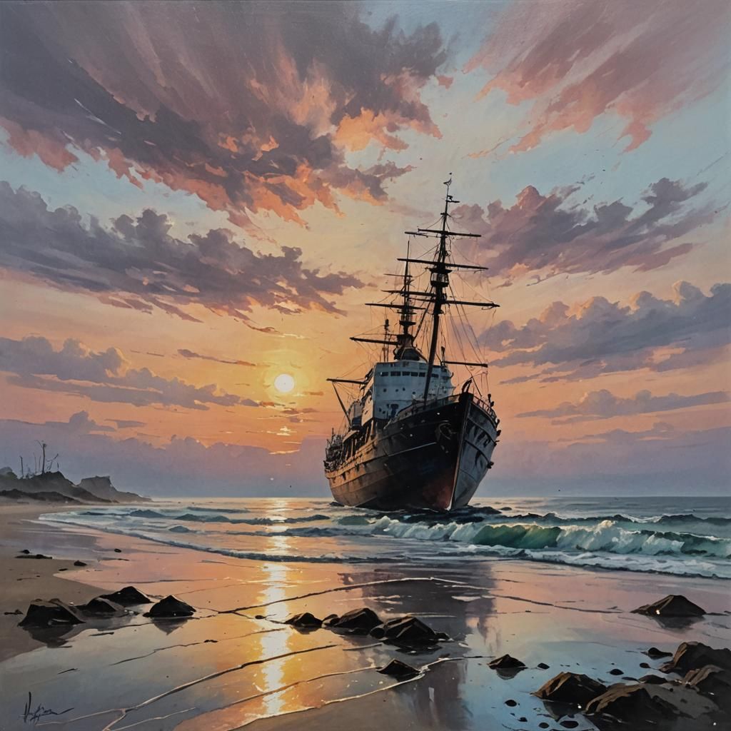 Stranded ship at dawn - AI Generated Artwork - NightCafe Creator