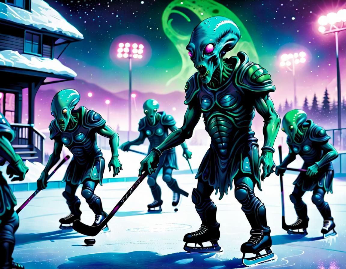 Aliens playing outdoor hockey - AI Generated Artwork - NightCafe Creator