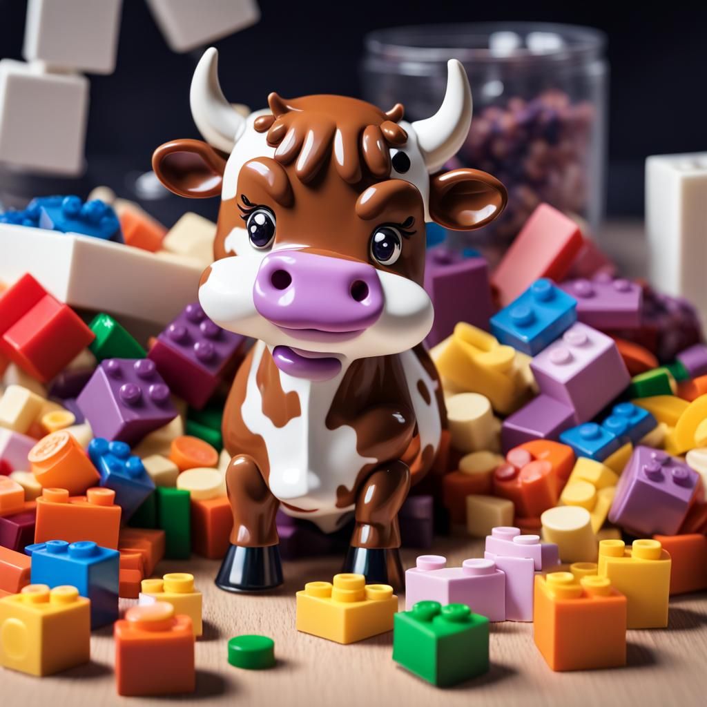 A cute anime (chibi purple cow bobblehead:1.5) surrounded by legos and ...