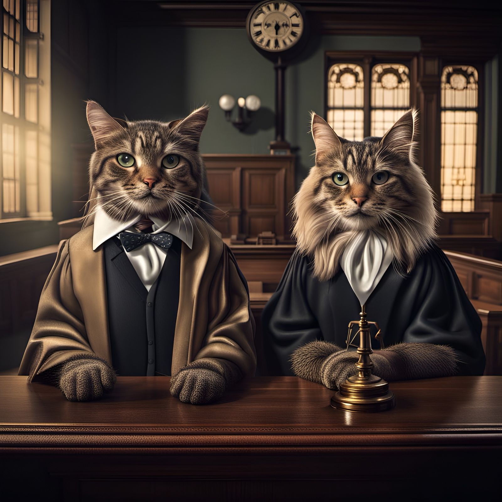 Portrait of a courtroom scene in which the attorney and judge are cats ...