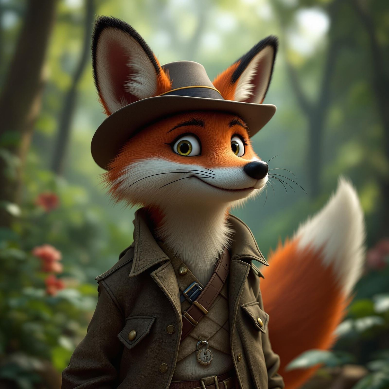 Dark Disney, wes Anderson animation style fox ,wearing a ragged jacket ...