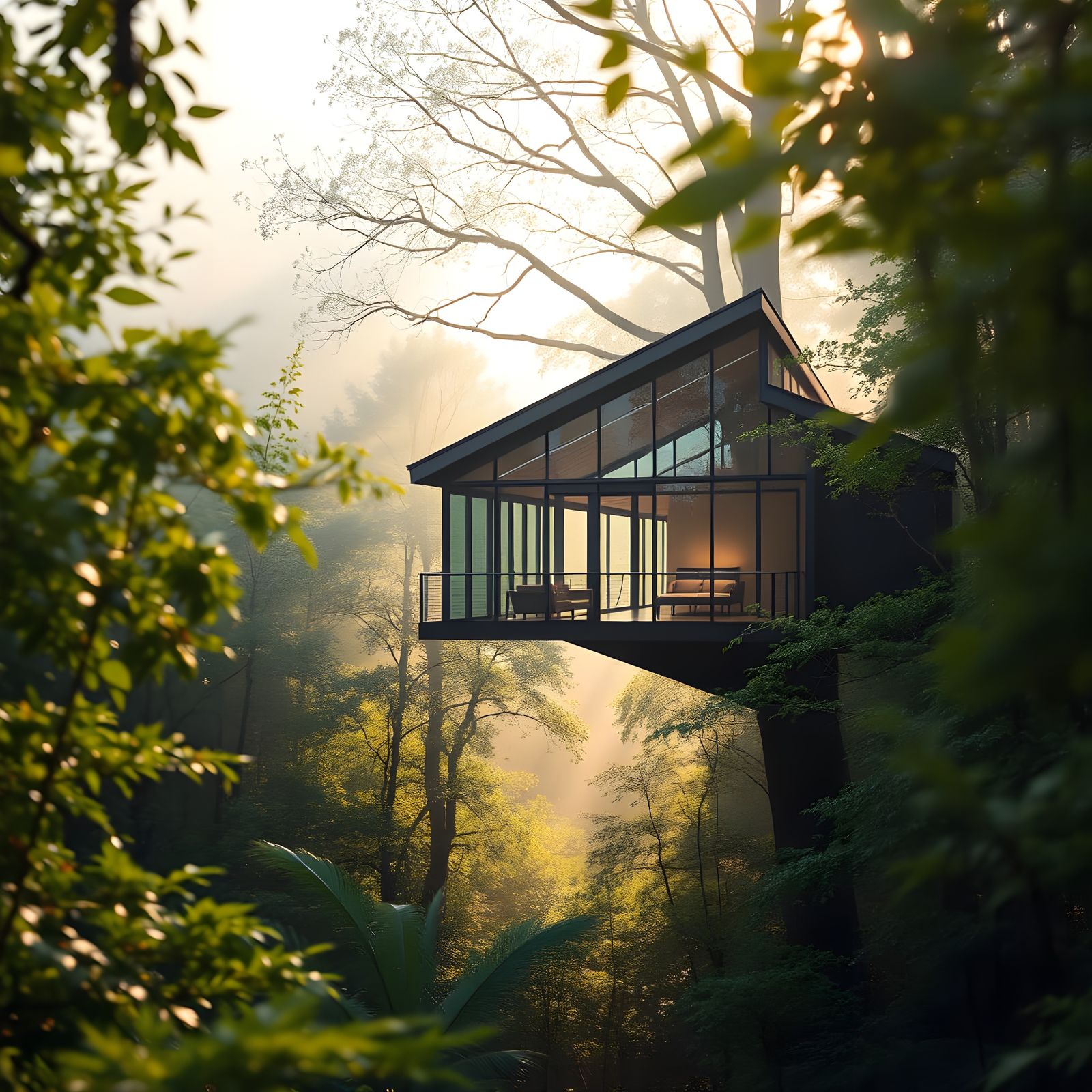 A Modern Treehouses in Forest Retreat. Modern glass-walled home with a ...