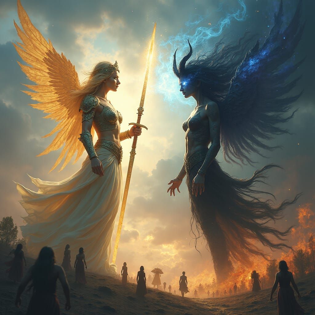 Goddess vs Demoness: Divine Light Meets Dark Power - AI Art