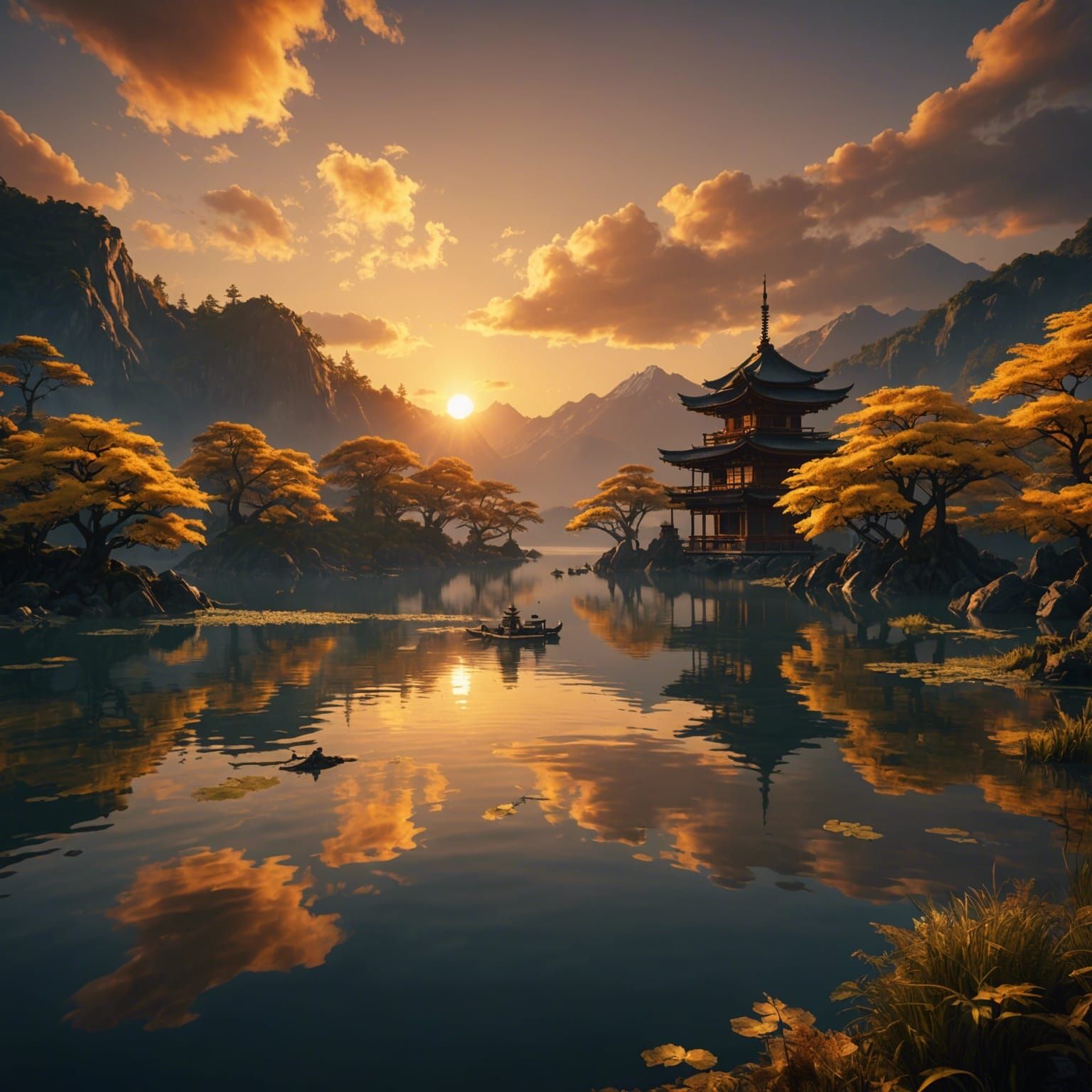 Golden Sunset above Japanese lake - AI Generated Artwork - NightCafe ...