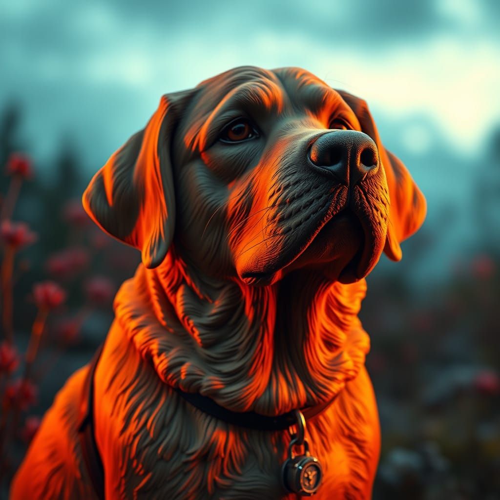 a tan Labrador dog as a garden gnome, The canine's fur and coat are ...