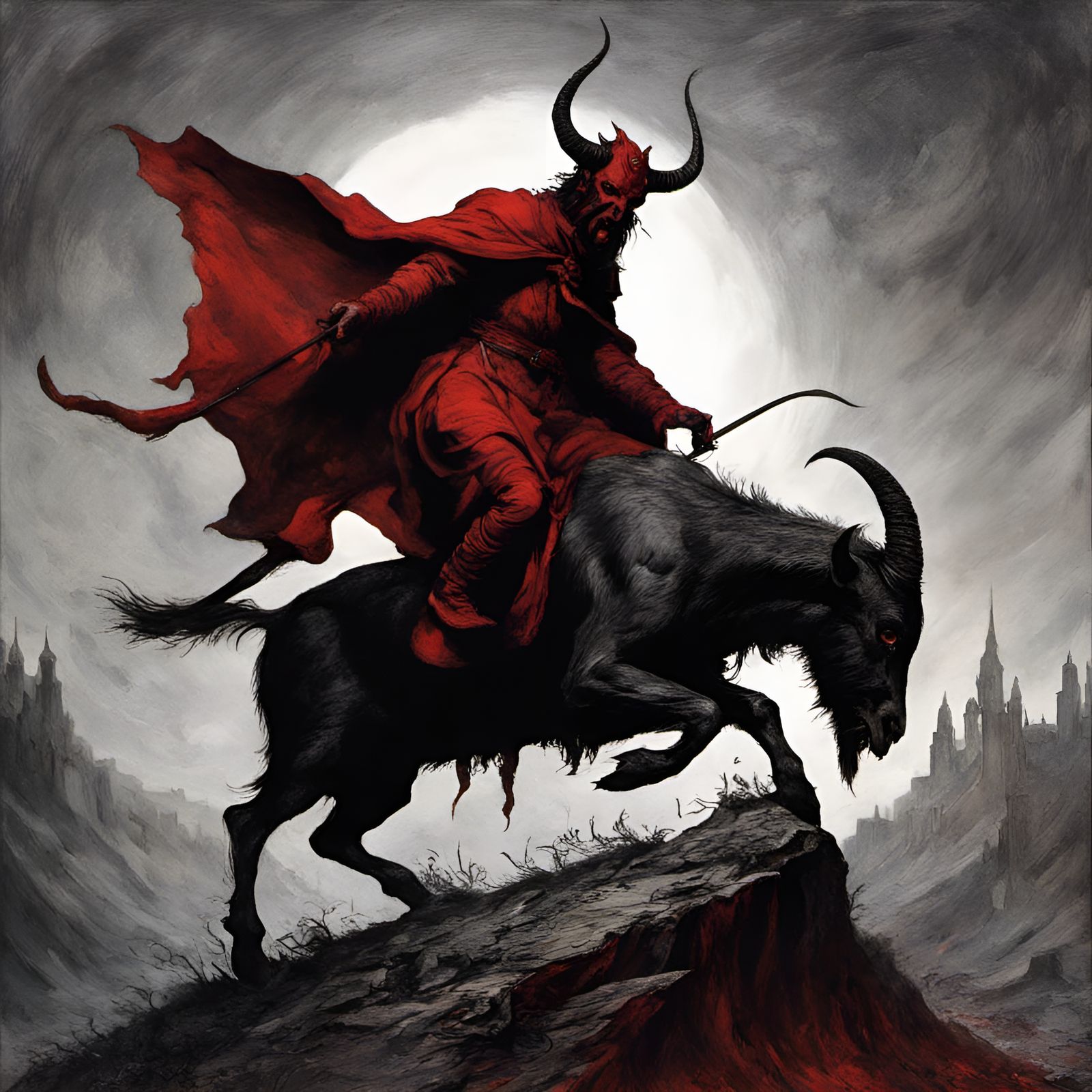 Devil riding a goat,horror medieval,red msytic mist,necronomicon,black ...