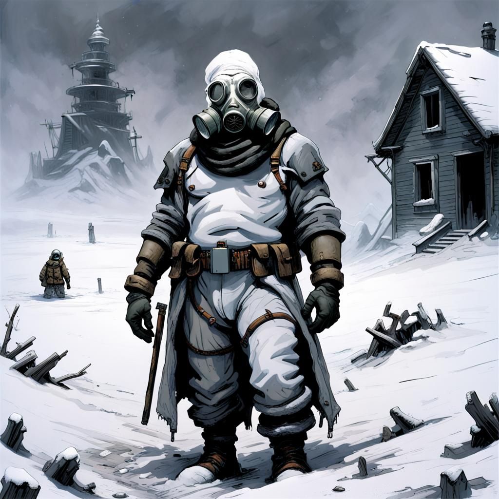 winter snowman made with grey snow, gas mask lays forgotten ...