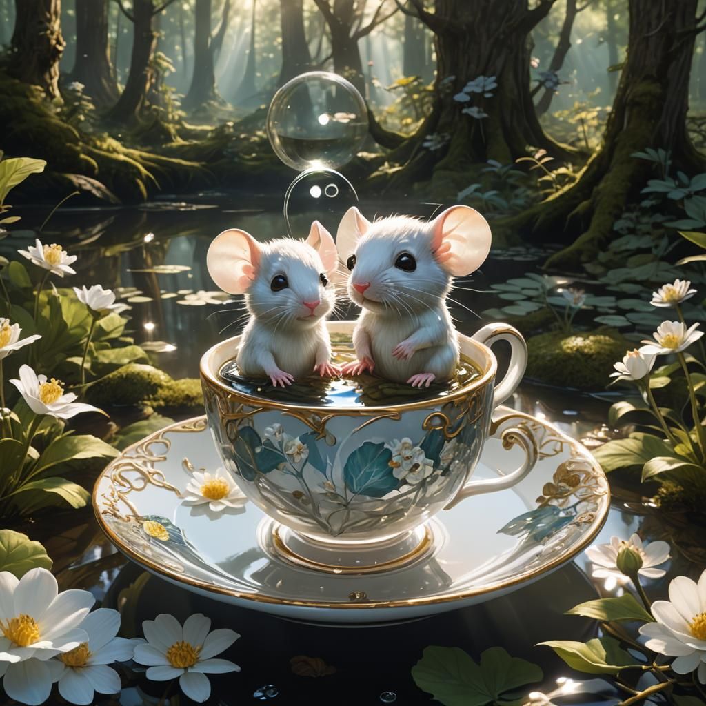 Two White Mice in a Teacup. - AI Generated Artwork - NightCafe Creator