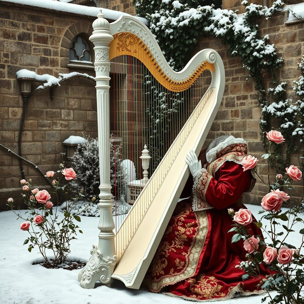 Serene English Renaissance Harp Amidst Snowy Garde... - AI Art