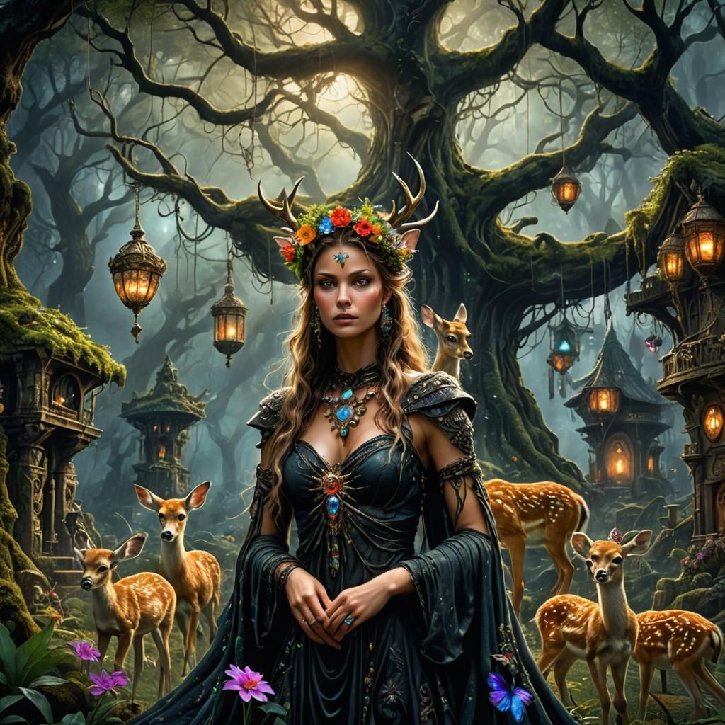 Mother Nature Goddess with Fawn in Dark Forest - AI Generated Artwork ...