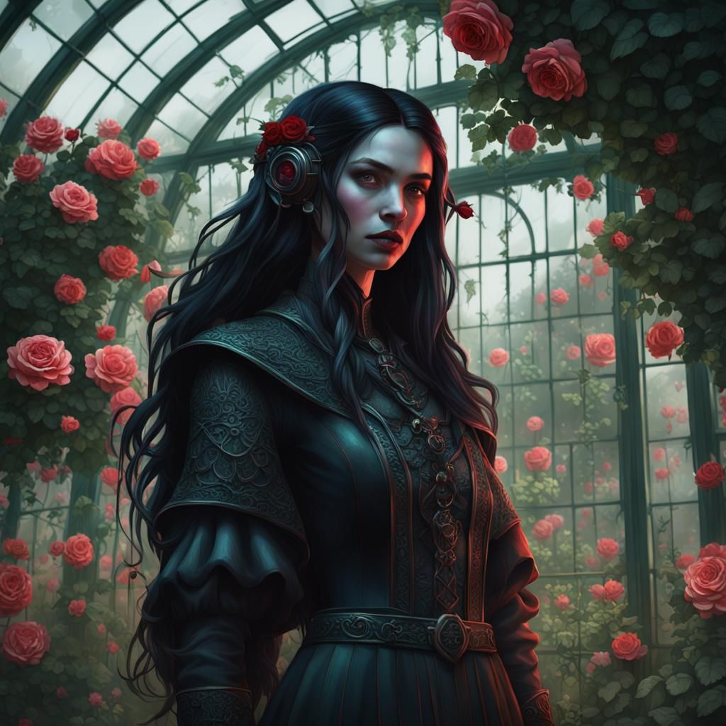 In a wrought iron greenhouse overgrown with red and pink roses, a witch ...