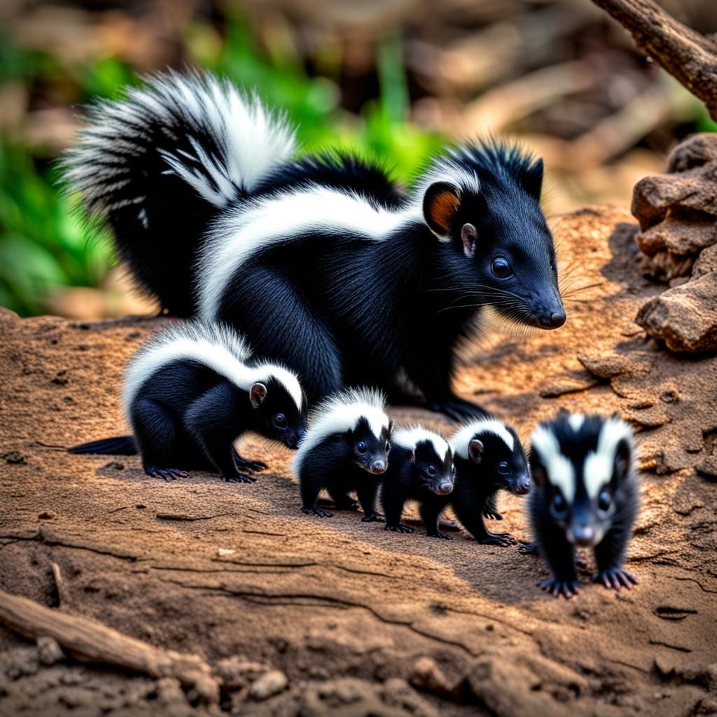 Cute baby skunks on an outing with mama, curious, adorable, sweet, intricate details ...
