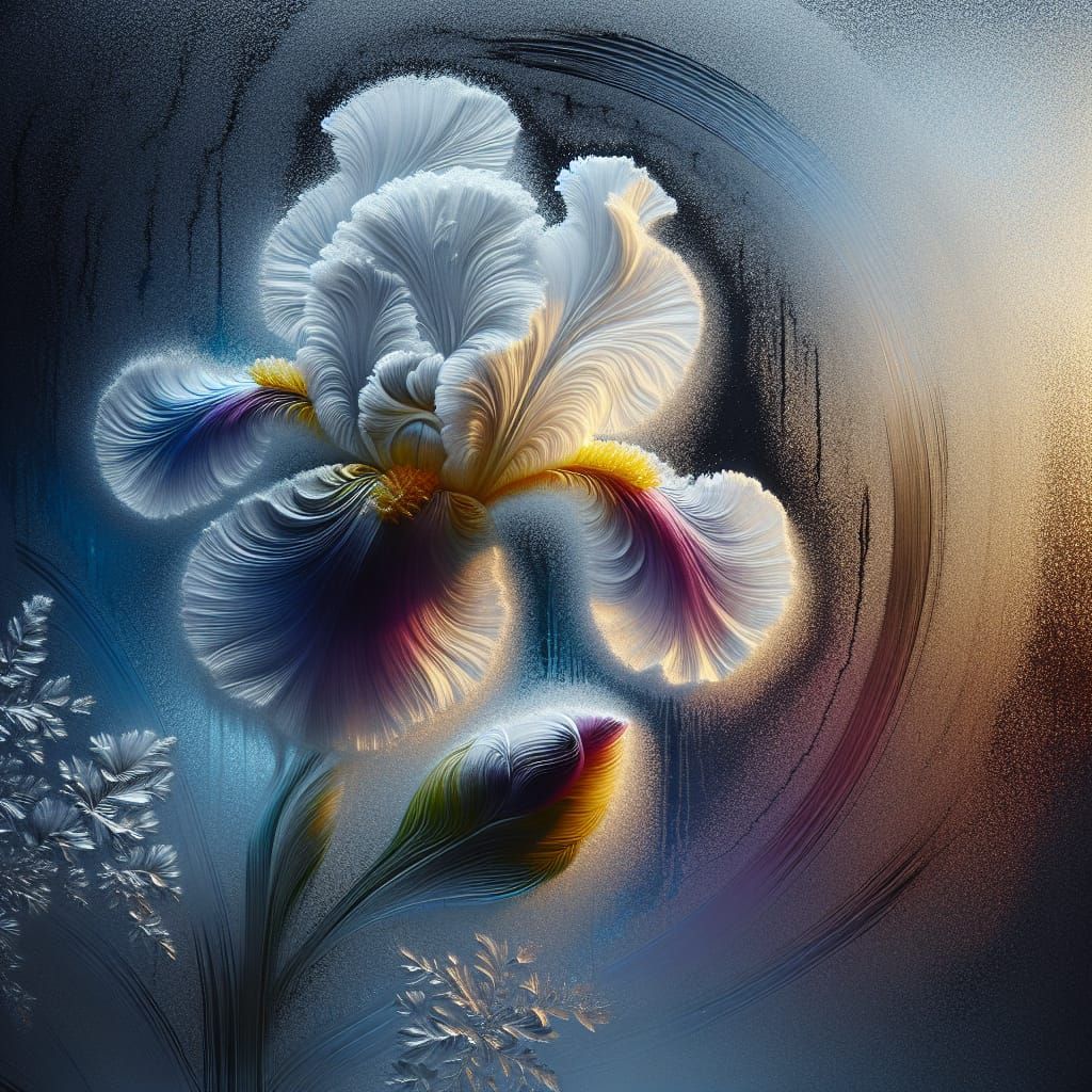 A frosted glass window showcasing an intricately designed Iris