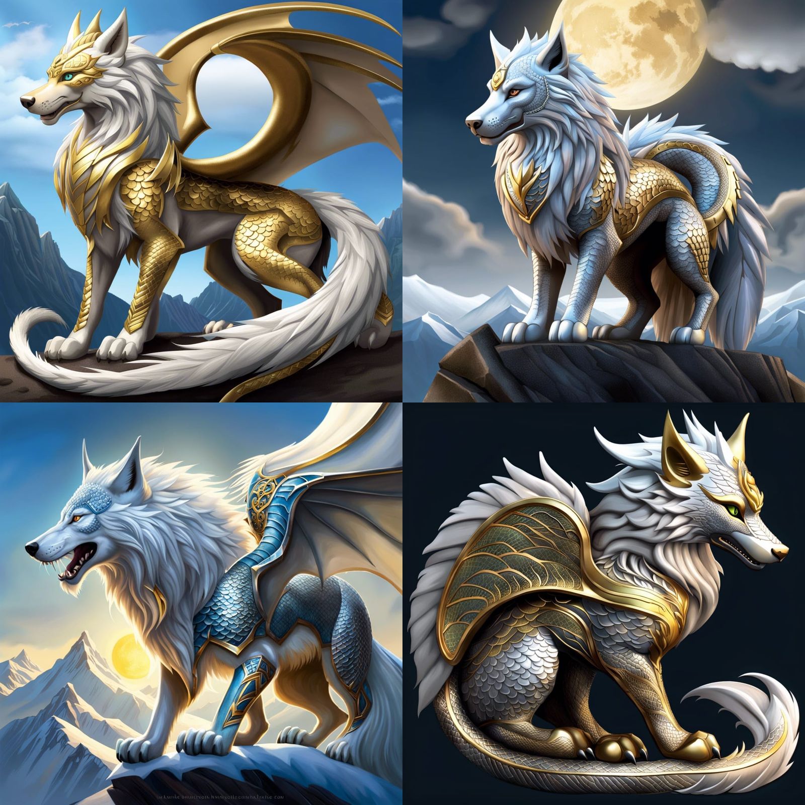 A "half-wolf, half-dragon dragon". The wolf's fur is silver and the ...
