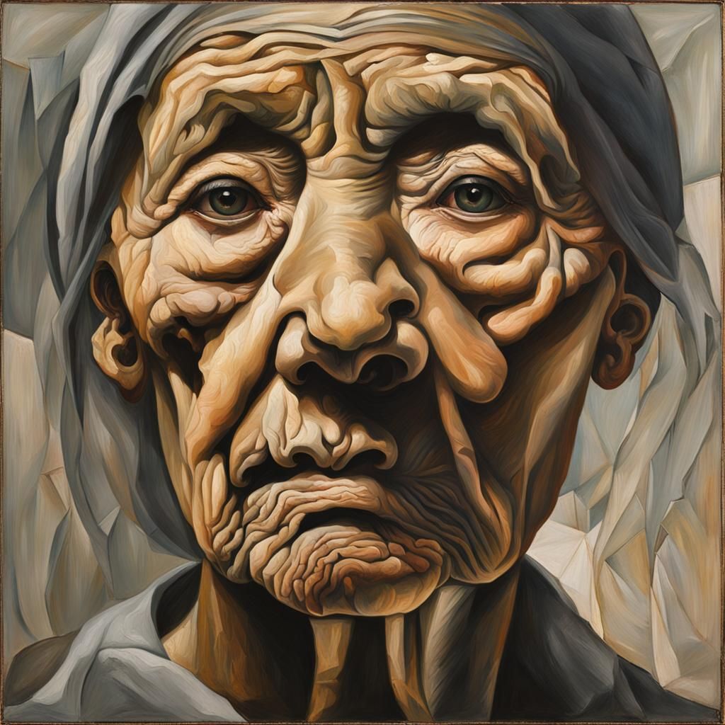 In the center of the painting we see a woman's face. Her left half is ...