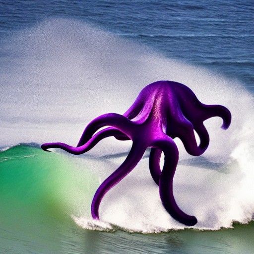 Giant purple octopus surfing - AI Generated Artwork - NightCafe Creator