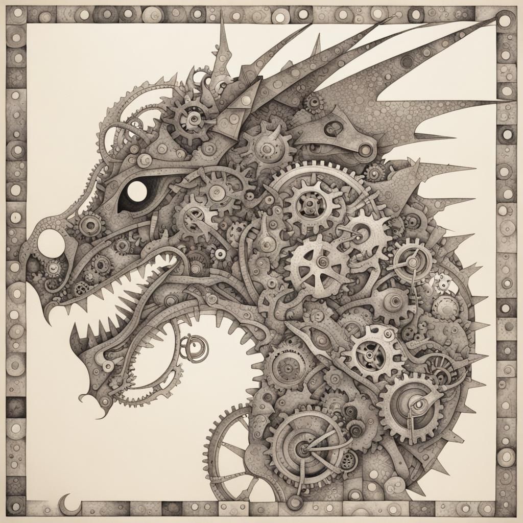 A dragon made out of cogs and gears, line art, symmetrical, detailed ...