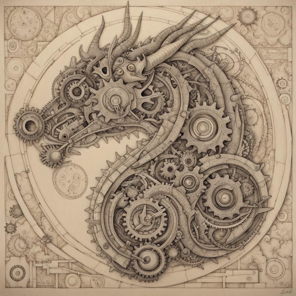 A dragon made out of cogs and gears, line art, symmetrical, detailed ...