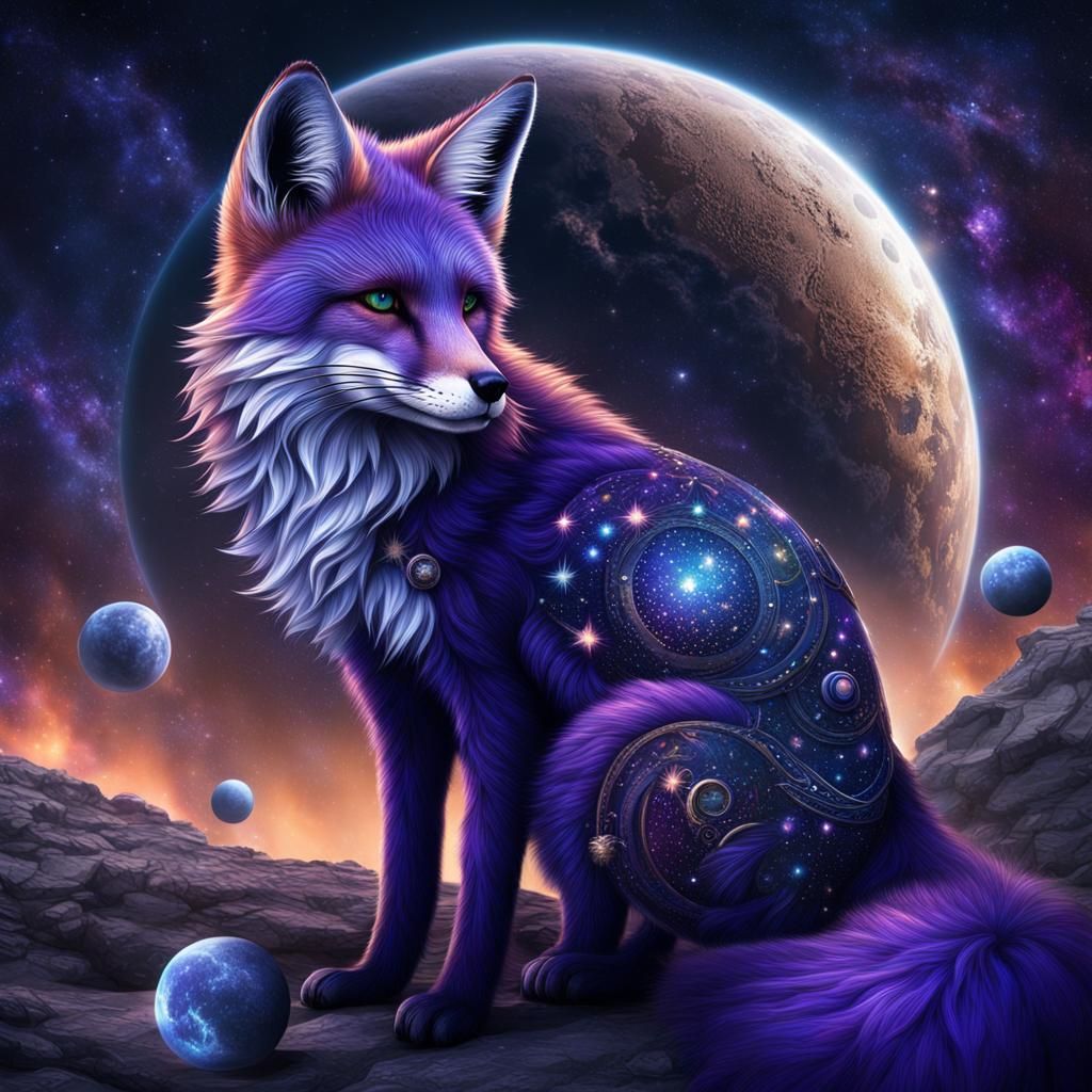 It is a long-tailed cyborg fox and there are stars and planets on its ...