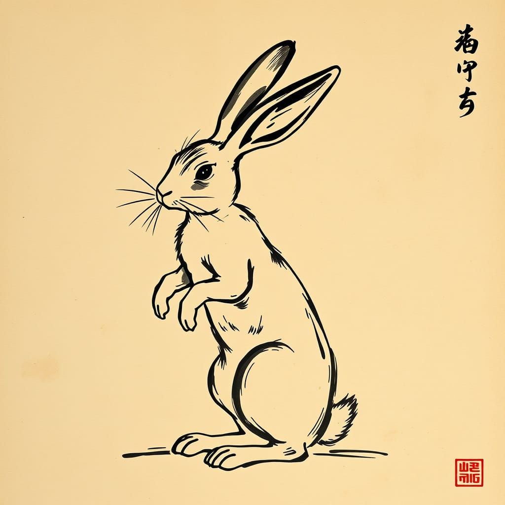 Elegant Ancient Chinese Rabbit in Calligraphy Styl... - AI Art