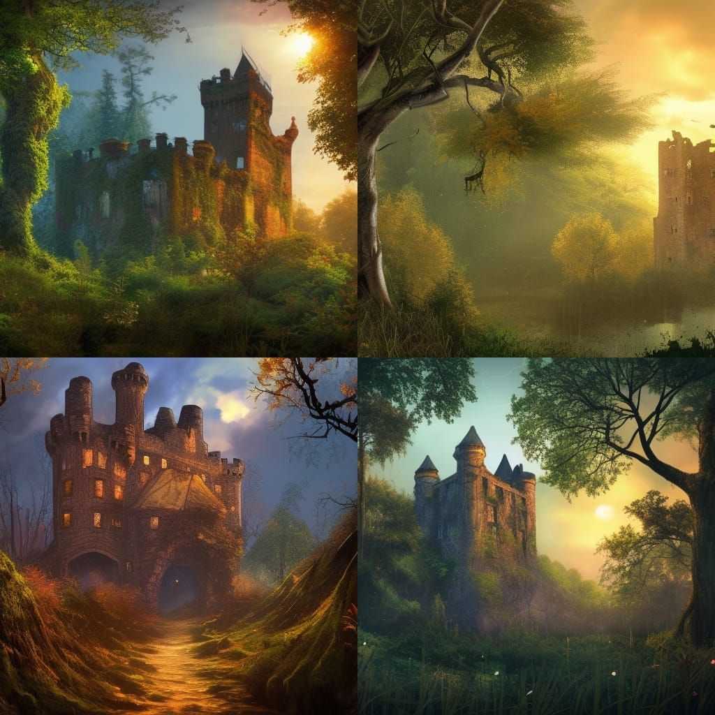 decrepit castle in the middle of an overgrown forest. sunset. highly ...