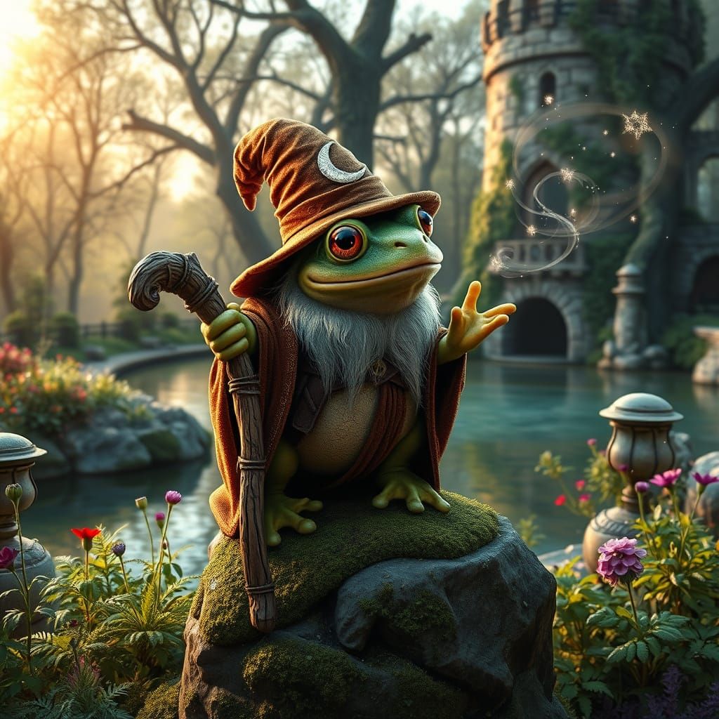 Regal Frog in Wizard Robes, Amidst Lush Gardens - AI Art