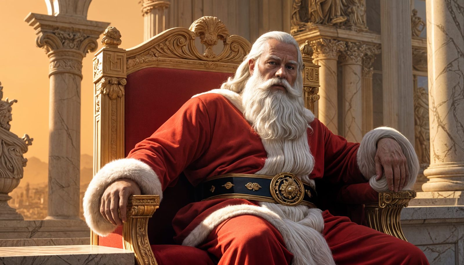 Zeus, clad in a rich, velvety red Santa Claus attire with golden trim ...