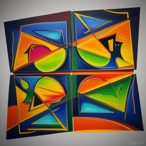 Couple Embracing in Vibrant Sunset Cubist Masterpi... - AI Art