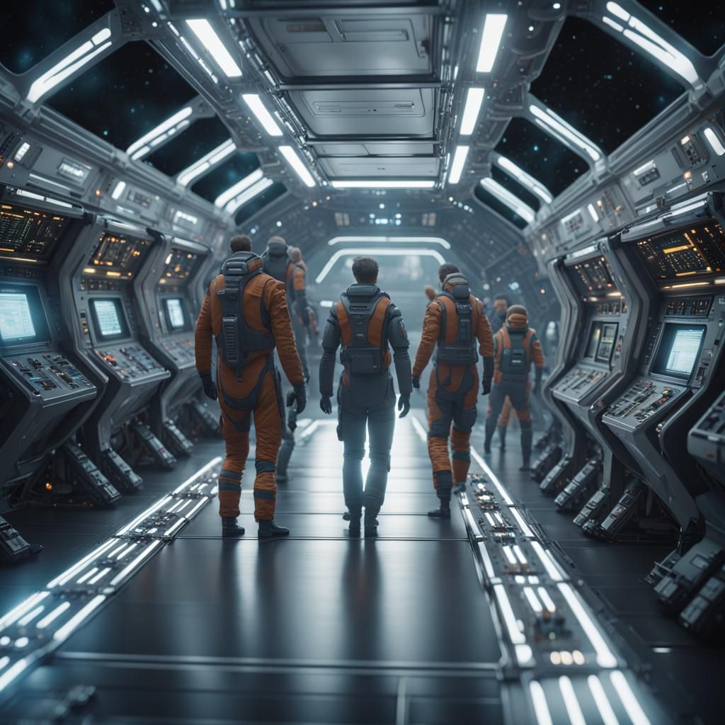 Humans on the bridge of an advanced starship in space, machines ...