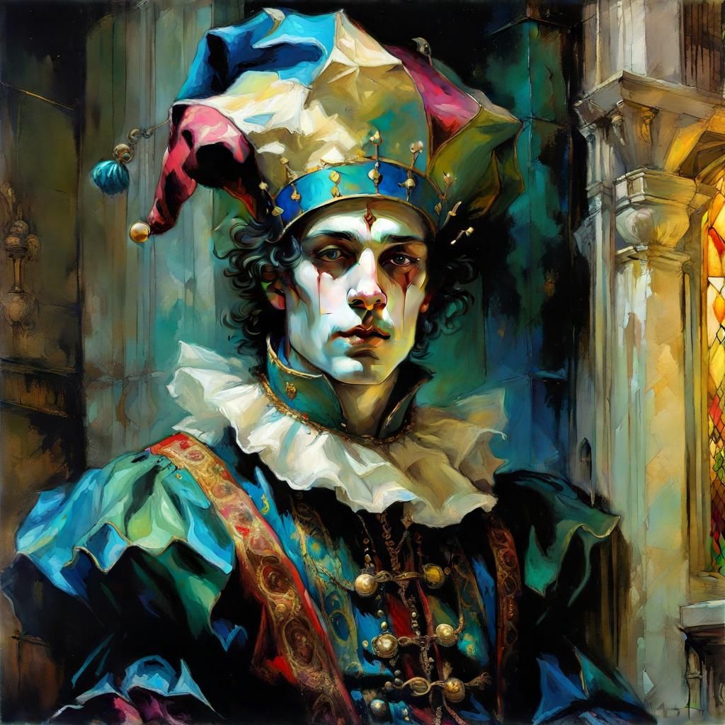 An 1800s french fantasy art style of a handsome gothic court jester ...