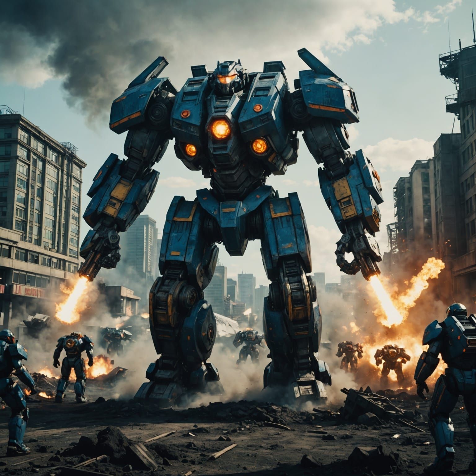 pacific rim giant mech on the battlefield, mech war, missiles, fire ...