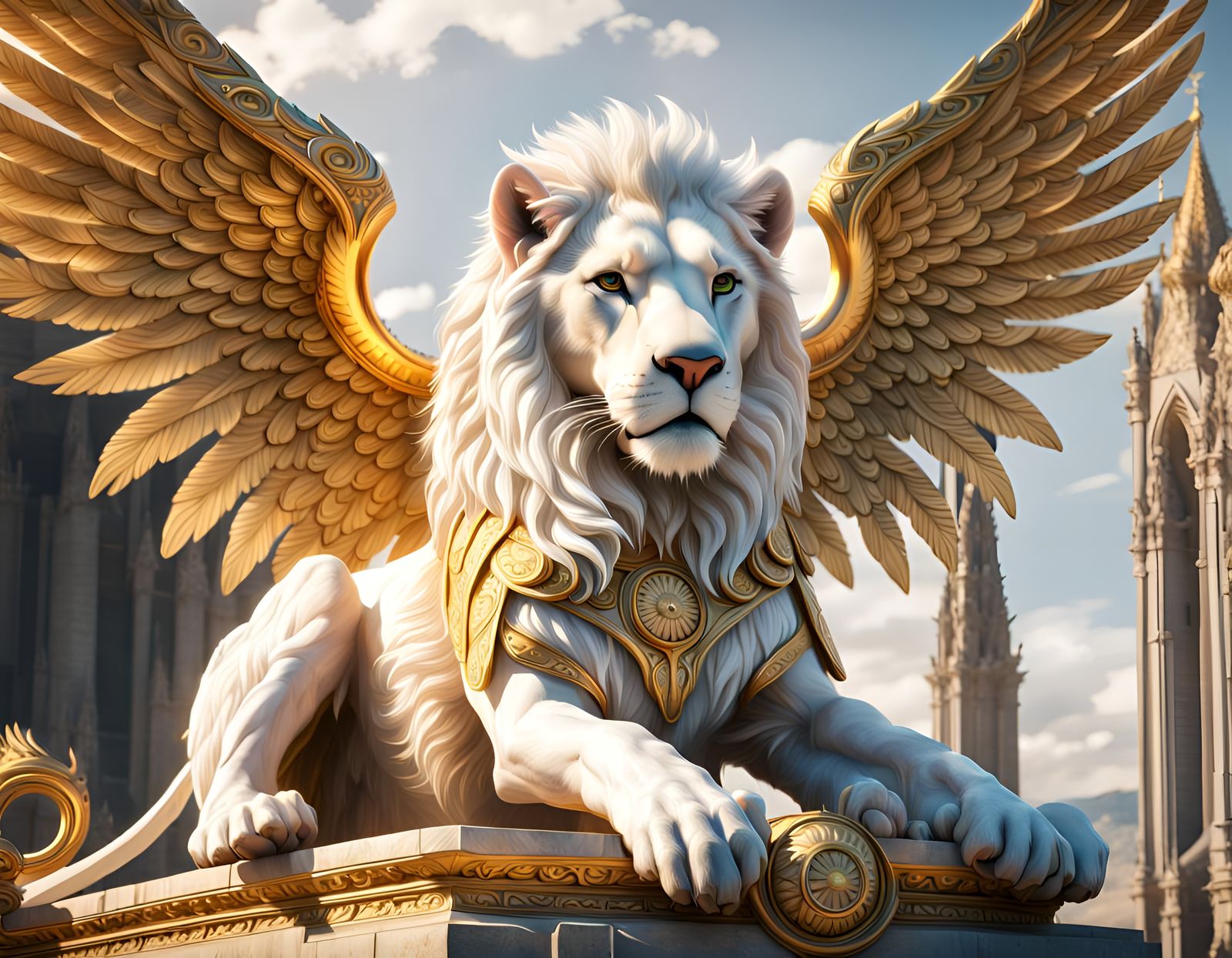 Angelic white Lion with large stretched golden wings sitting in the ...