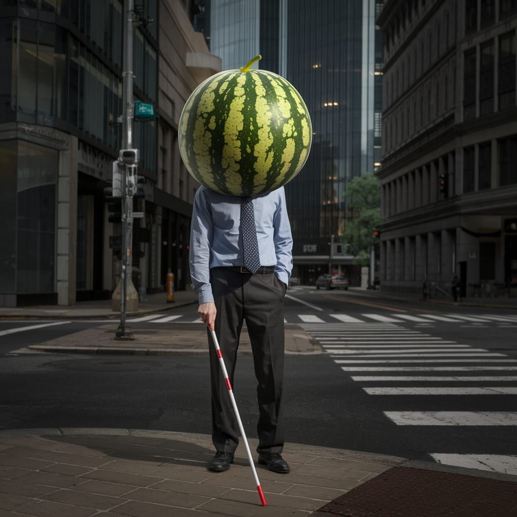Blind Melon - Man Waiting to Cross Street with Melon Head an...