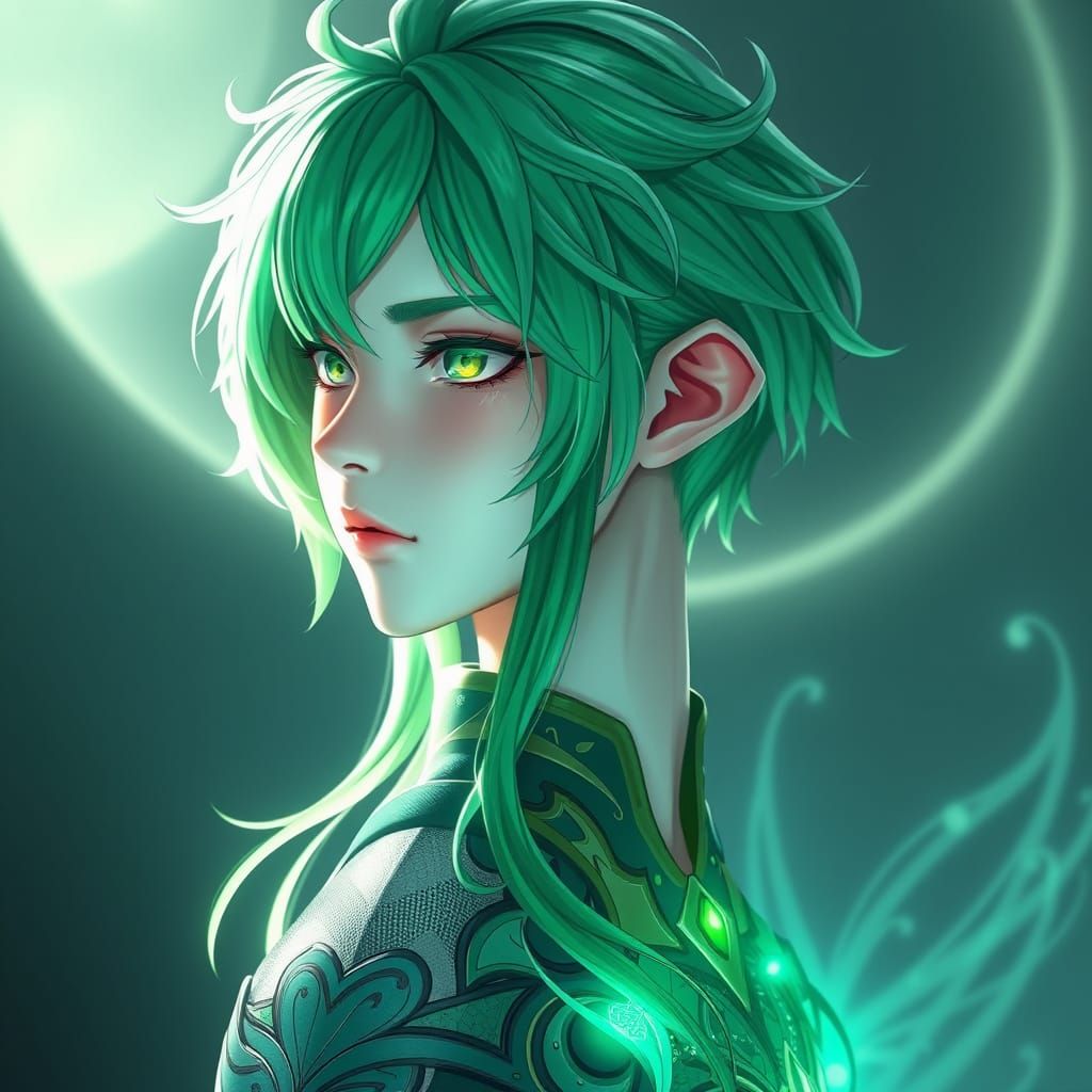 Emerald - Ethereal Green-Haired Figure in Iridescent Attire