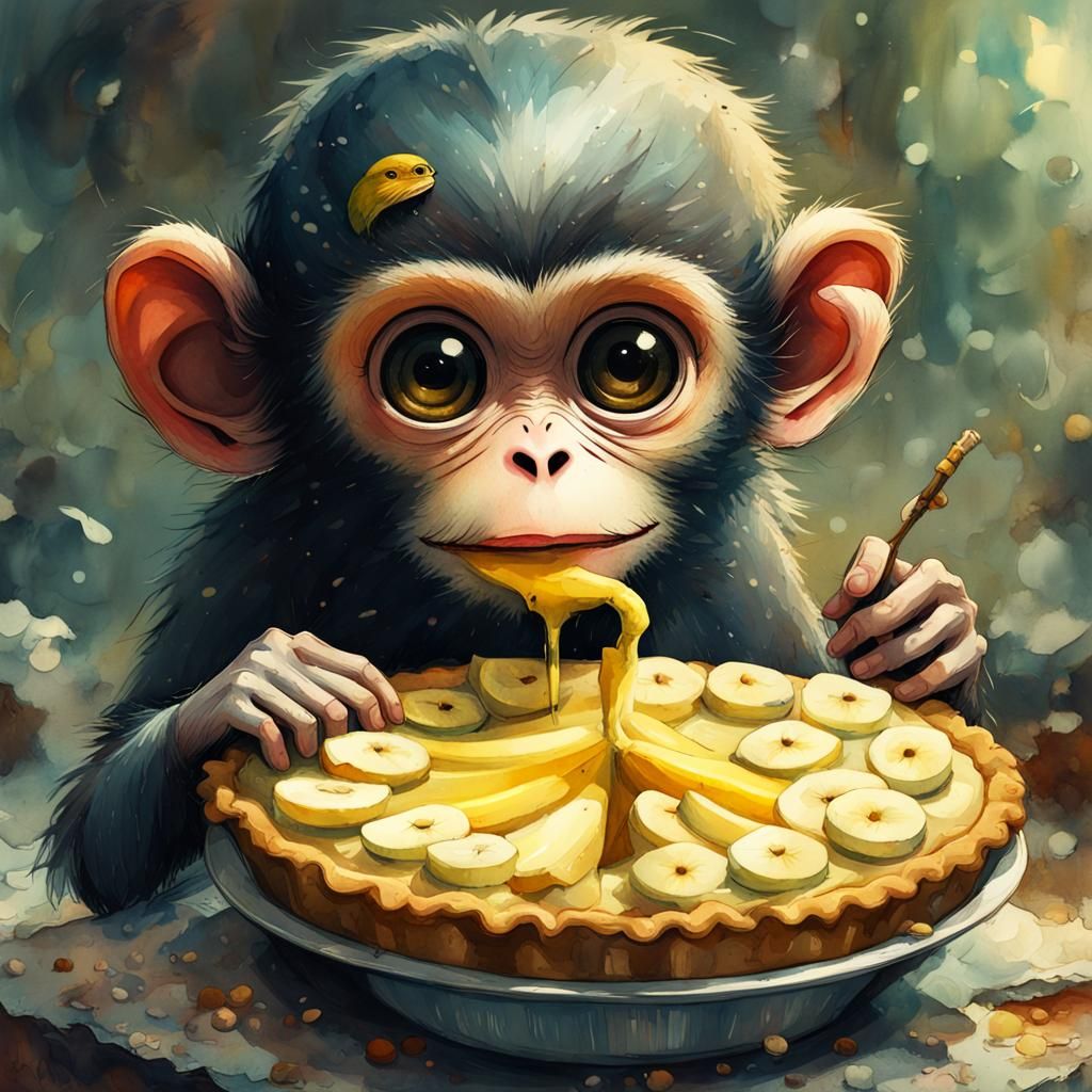 Cute Monkey, big eyes, eating a banana pie - AI Generated Artwork ...
