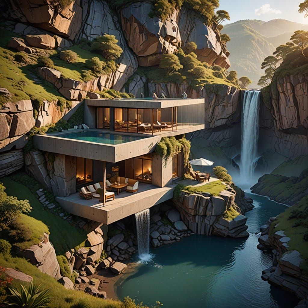 Breathtaking Cliffside House Overlooks Serene Wate... - AI Art