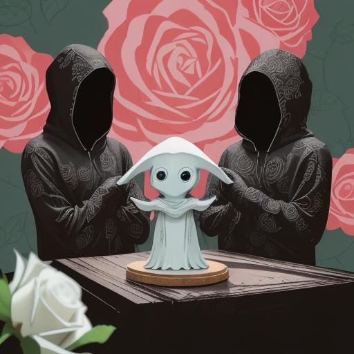 Hooded alien creature and white roses wood block print - AI Generated ...