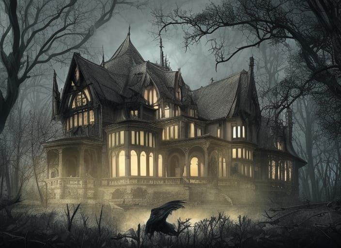 Gothic architecture house, leafless trees, lightning bolt, ravens ...