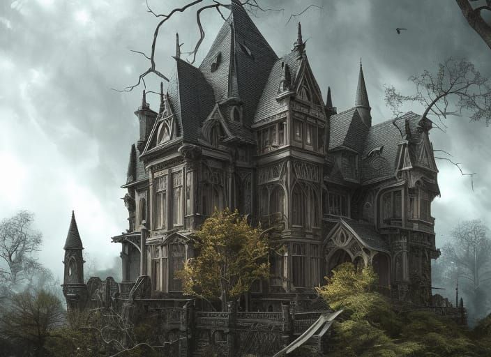 Gothic architecture house, leafless trees, lightning bolt, ravens ...