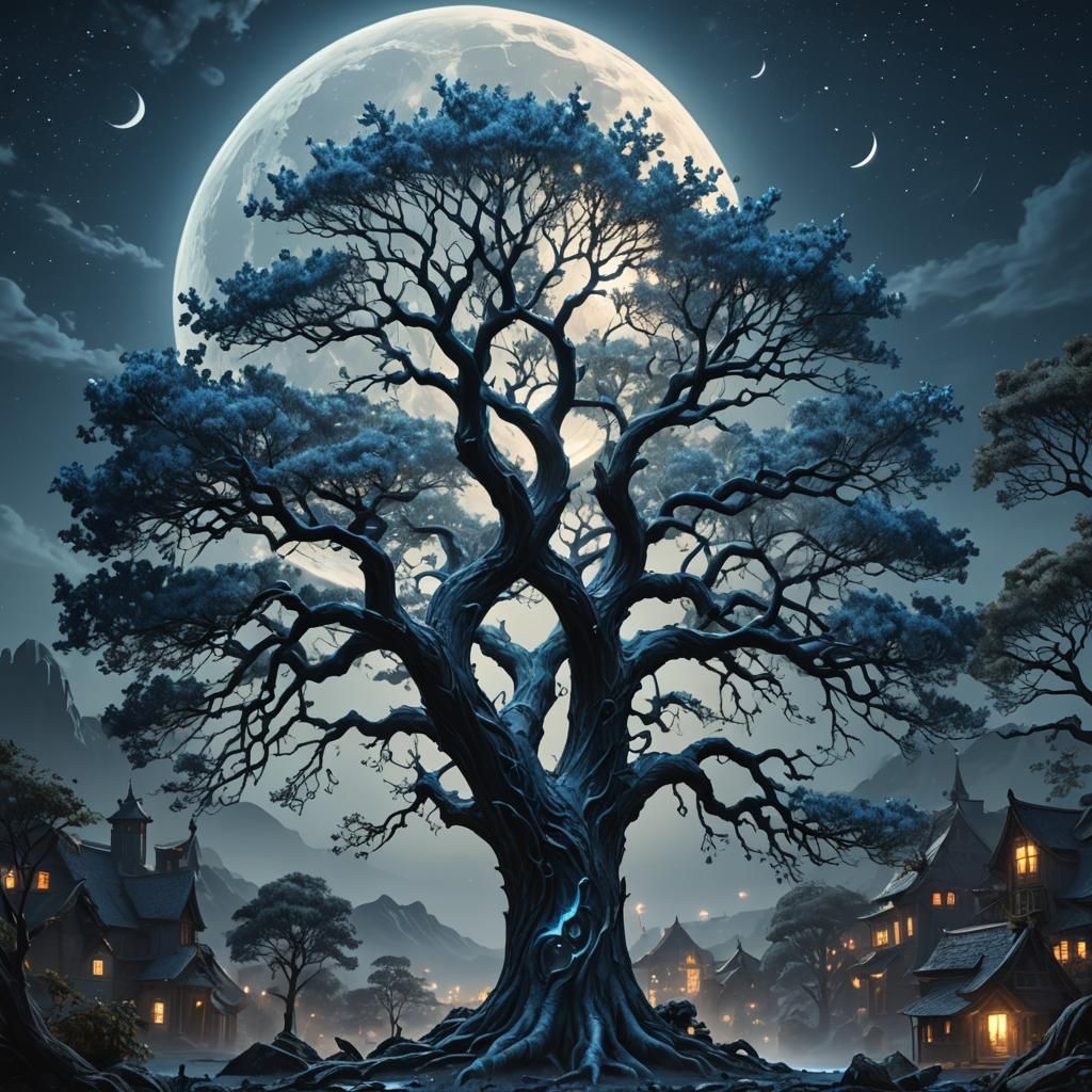 Blue tree in night with shining moon behind it - AI Generated Artwork ...