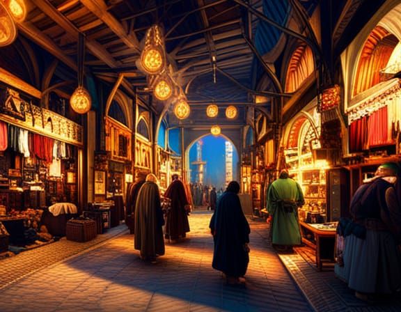 1600s open air bazaar, medieval Turkish market, bright colors ...