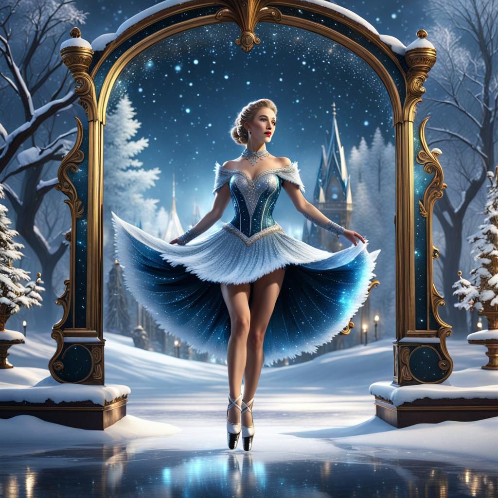 a lady ice skating in a mirror dress with snow falling - AI Generated ...