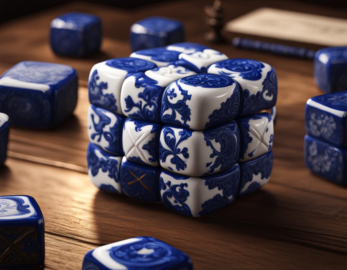 A Ming blue-and-white porcelain Rubik's cube lying on a wooden table ...