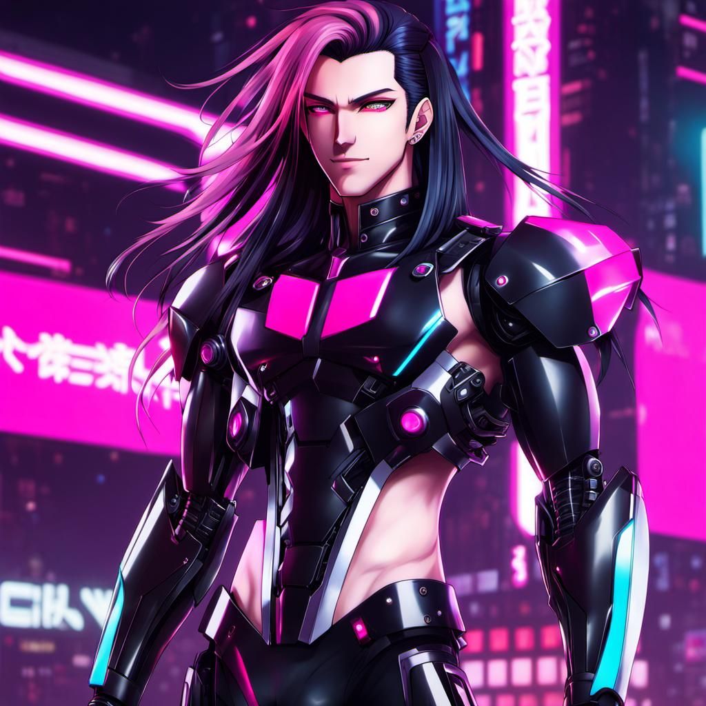 femanine male cyberpunk deva, long pink and black hair, cyborg, robot ...